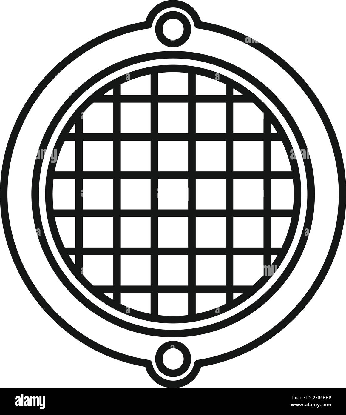 Black and white line drawing of a round metal grate with square holes ...