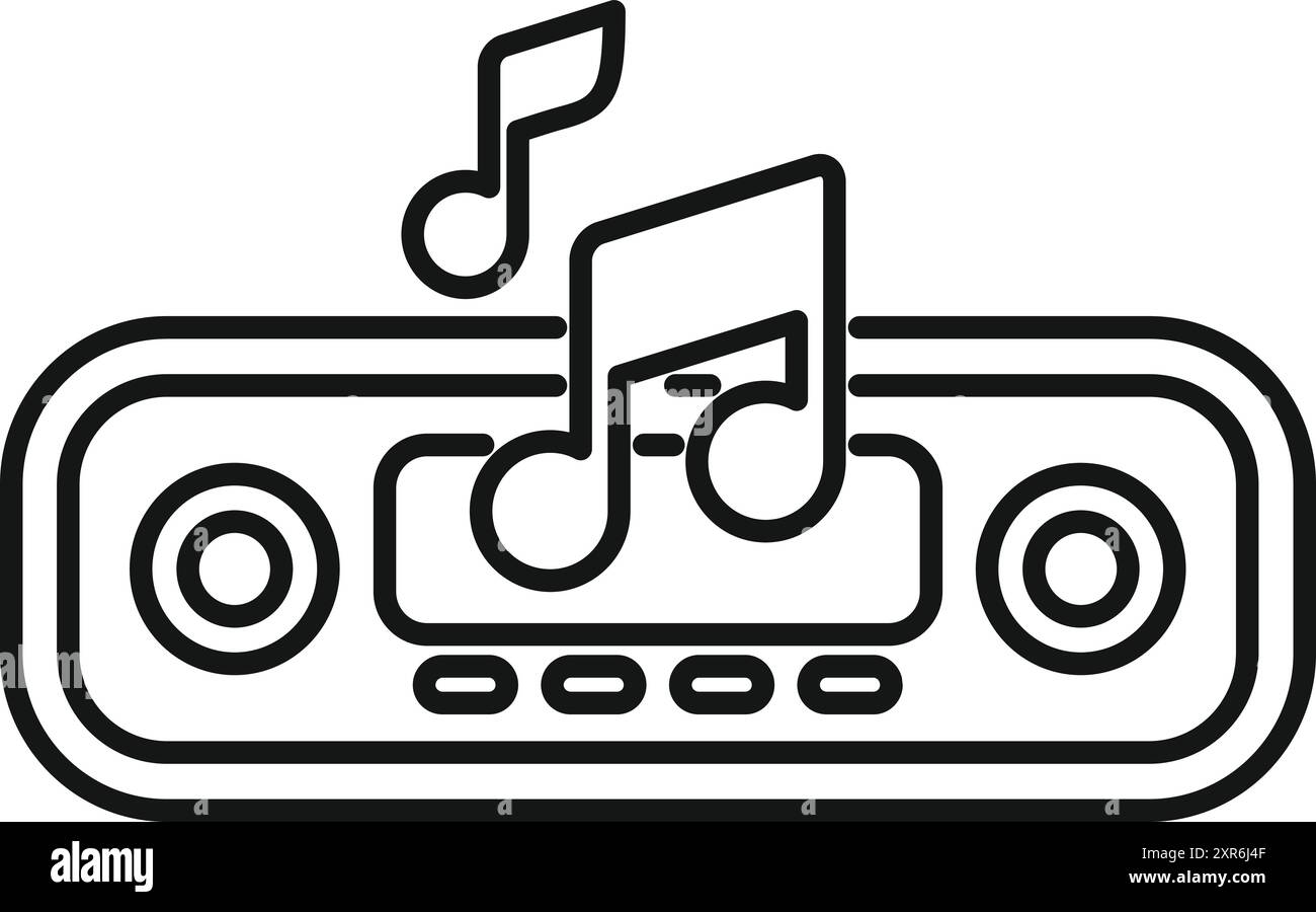 Line drawing of a car radio playing music with musical notes floating ...