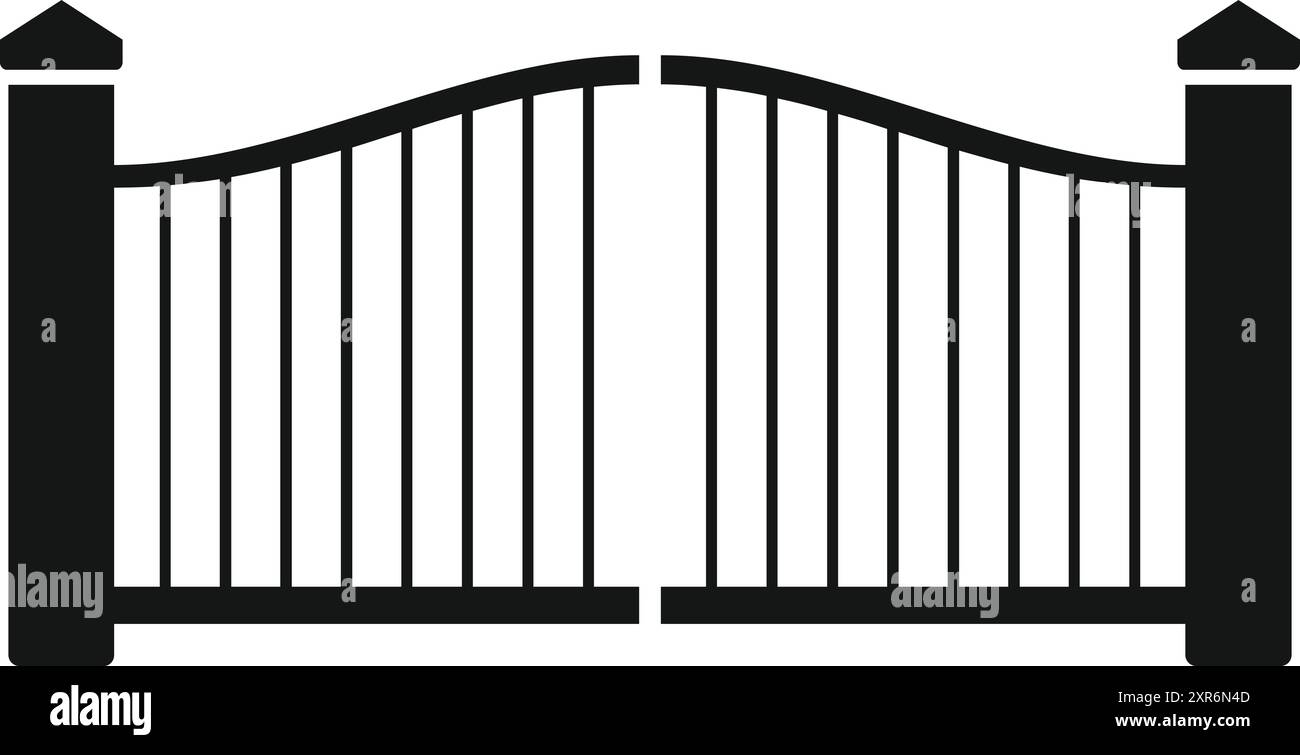 Classic iron gate with vertical pickets and a curved top is slightly ...