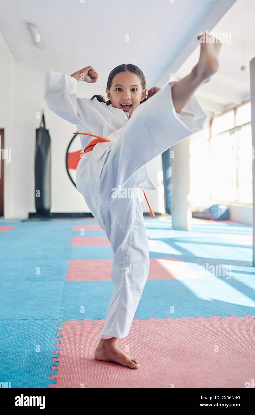 Martial arts, kick and girl in studio for fitness, training and fight ...