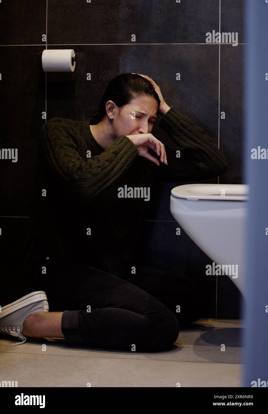 Bathroom, vomit and woman with nausea, ill and symptoms of food ...