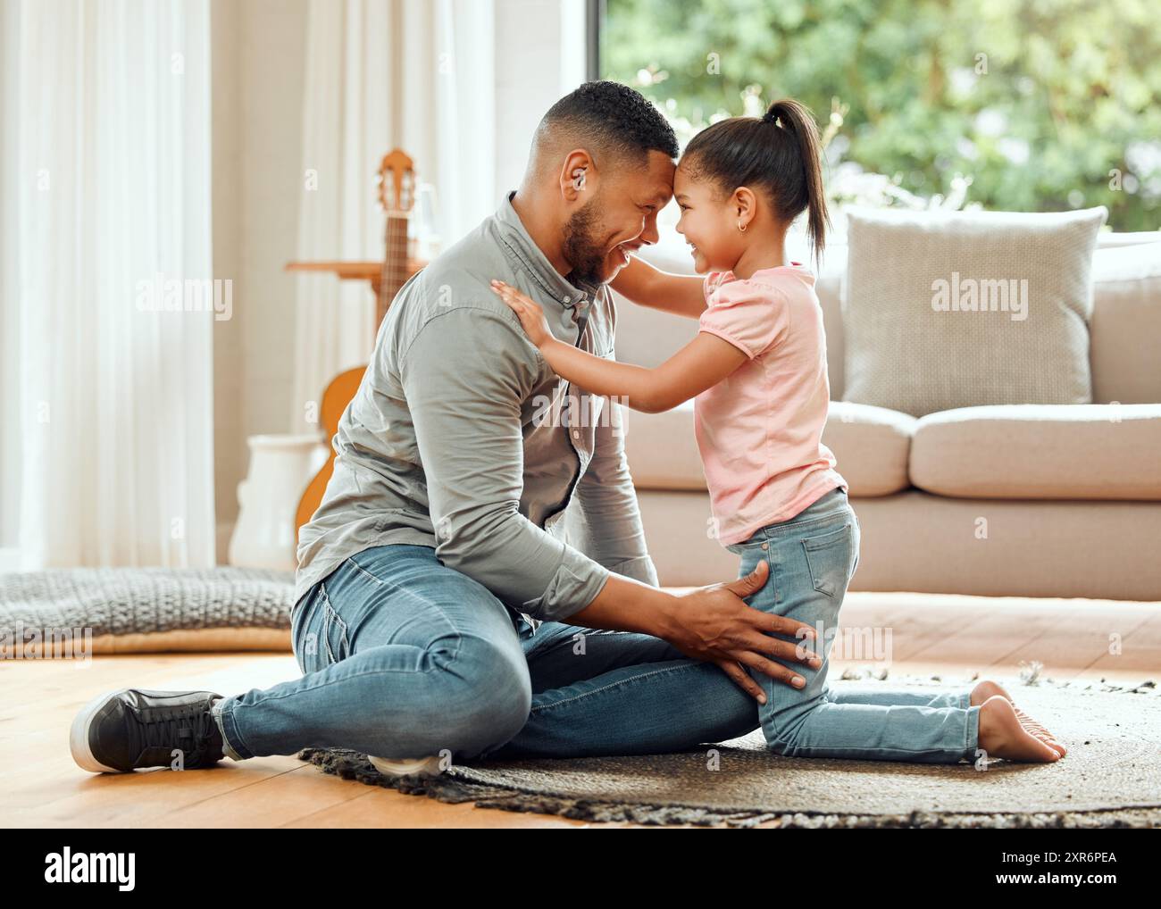 Forehead touch, man and child in portrait, connection and bonding as ...