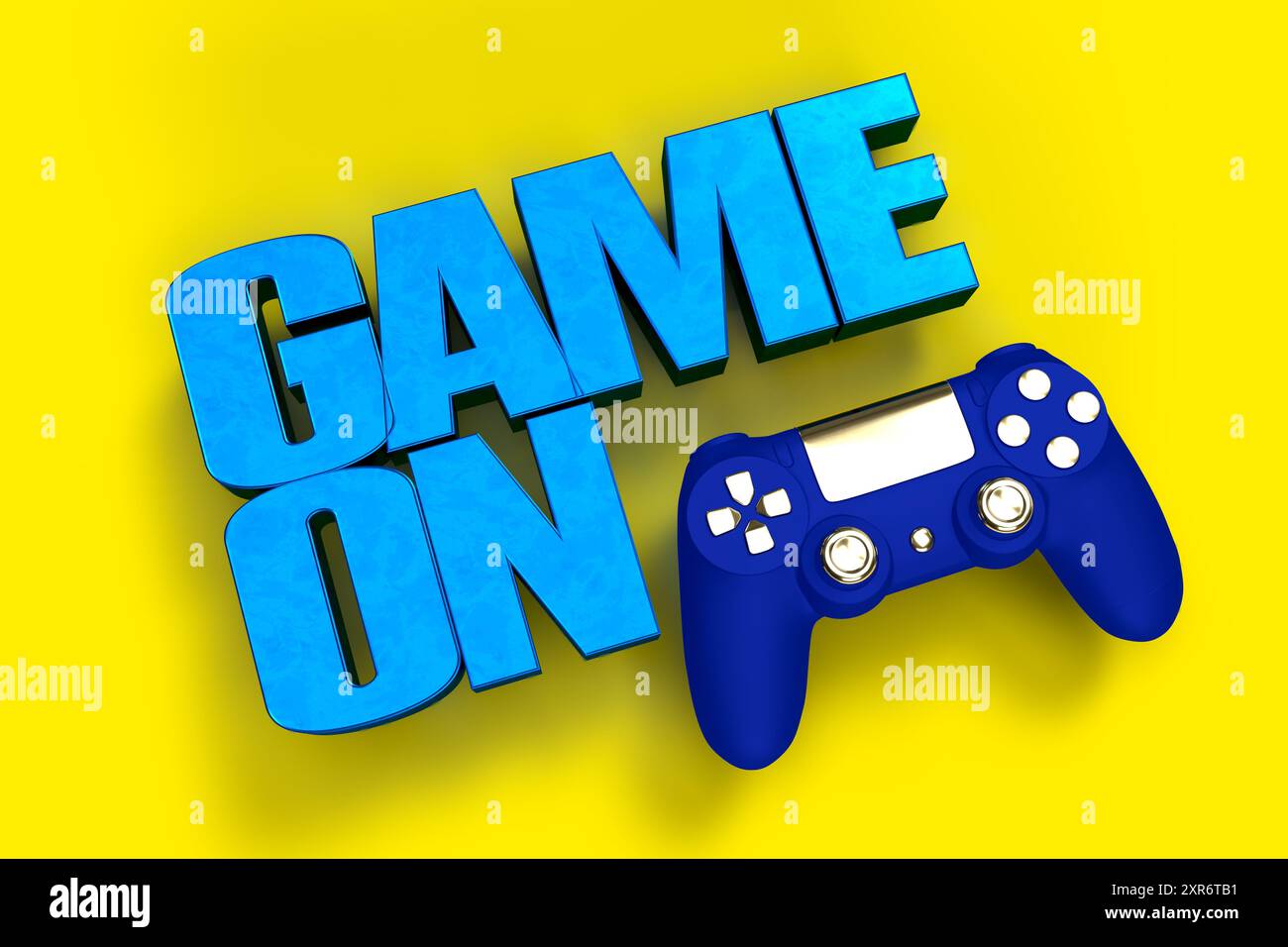 Blue console joystick with gold buttons, written Game On in blue and ...