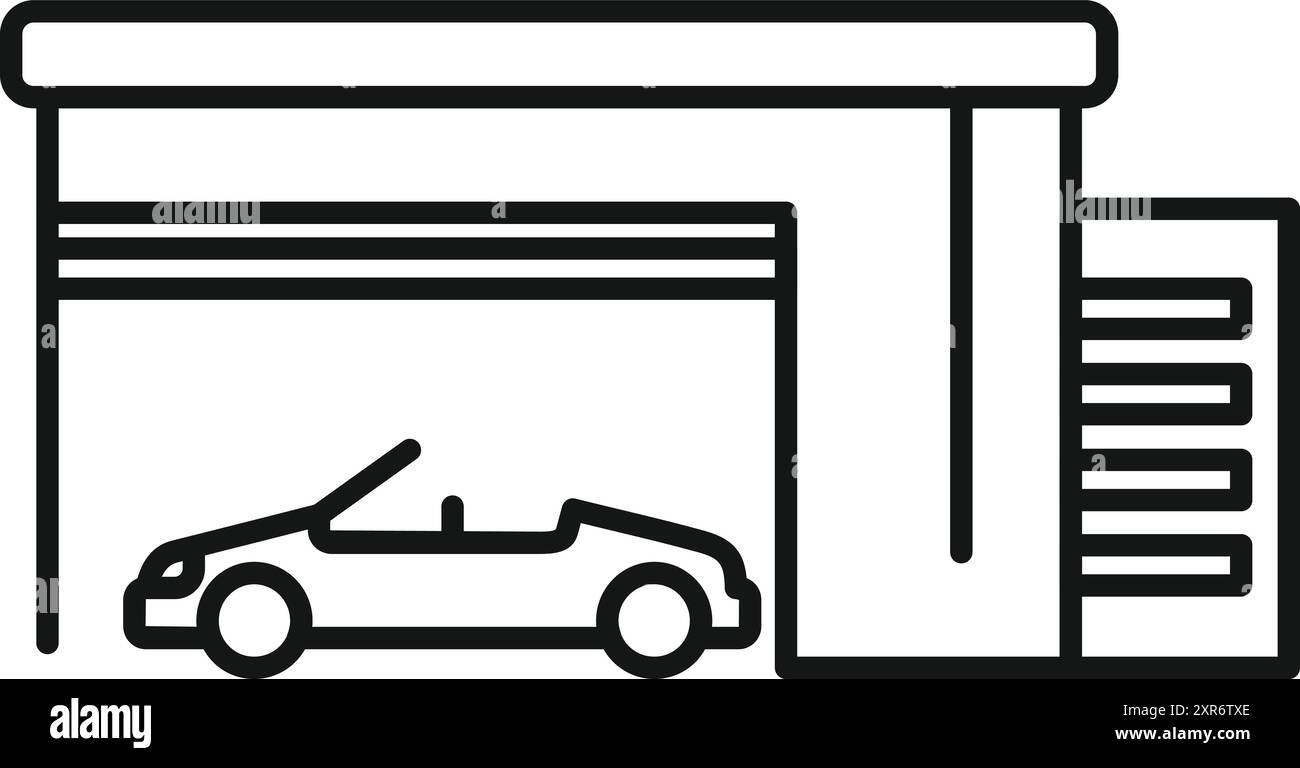 Line drawing of a cabriolet sports car parking inside a private garage ...