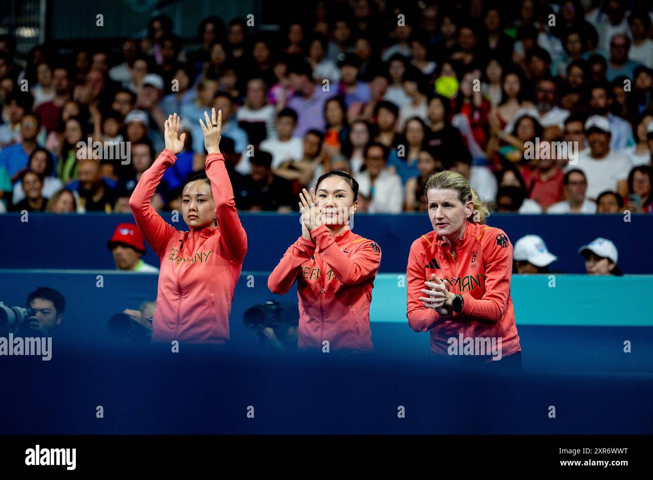 WAN Yuan, SHAN Xiaona, (GER) mit Bundestrainerin Tamara Boros FRA ...