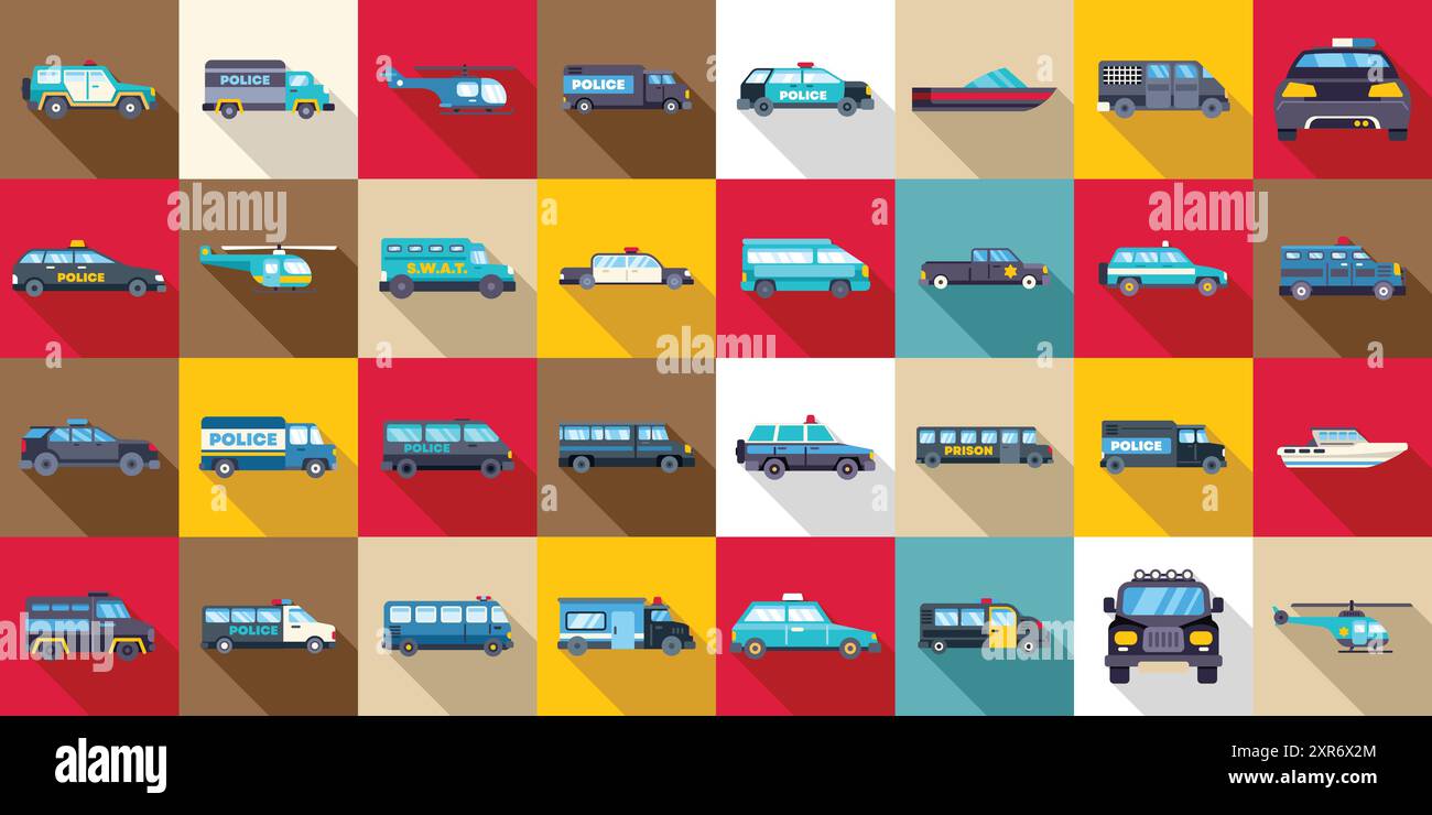 Police vehicles icons set. Large set of different police cars and ...