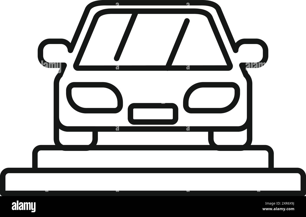 Line icon of new car standing on platform for sale in car dealership ... Line icon of new car standing on platform for sale in car dealership ...