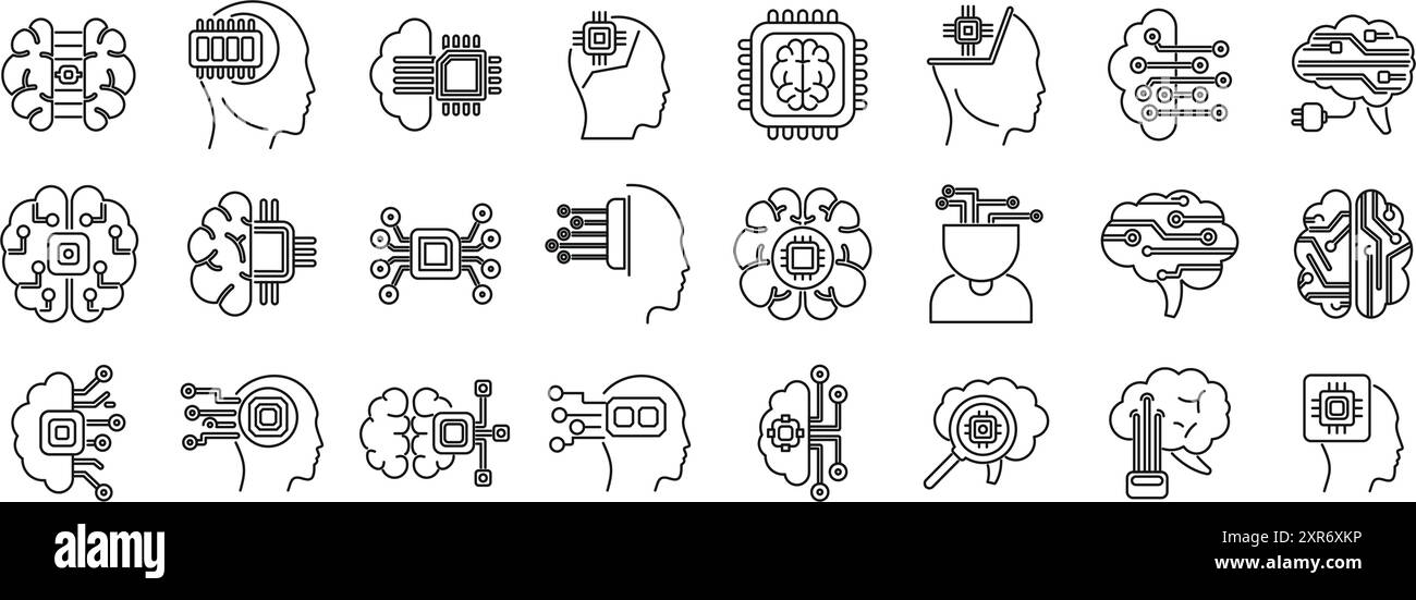 Brain implant icons set. Collection of icons representing artificial ...