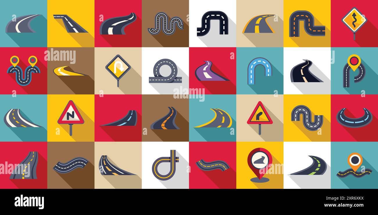 Winding road icons set. Collection of road signs representing different ...