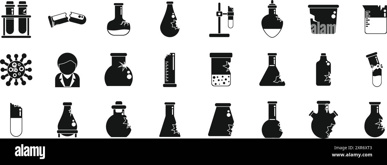 Broken laboratory glassware icons set. Scientist working with broken ...