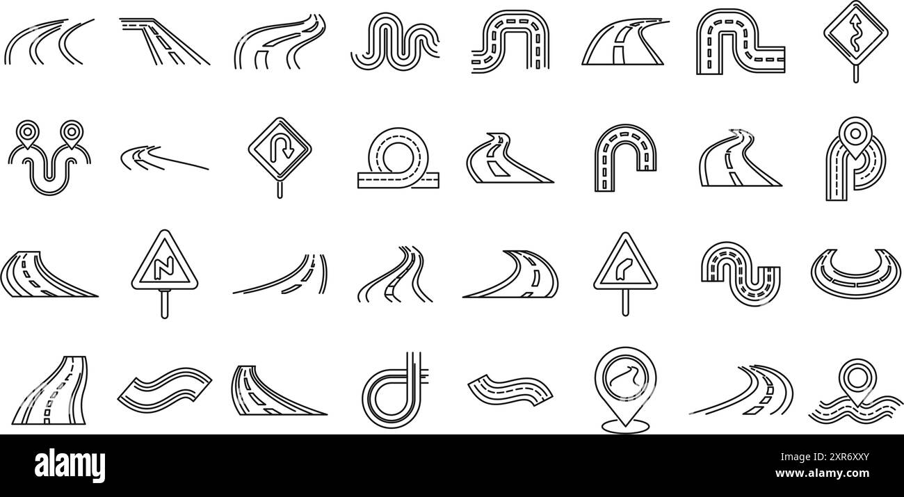Winding road icons set. Set of line art icons featuring various road ...