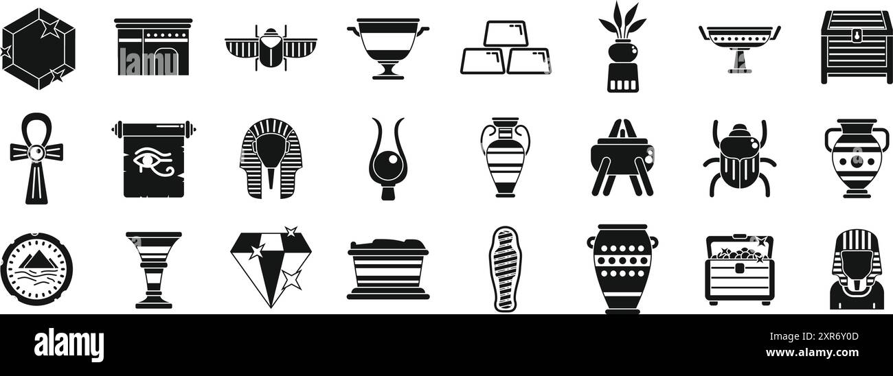 Pharaoh tomb icons set. Set of black and white icons representing ... Pharaoh tomb icons set. Set of black and white icons representing ...