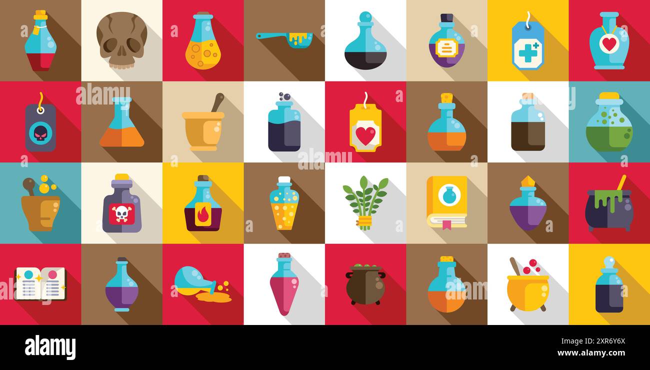 Magic elixir icons set. Colorful collection of potion bottles ...