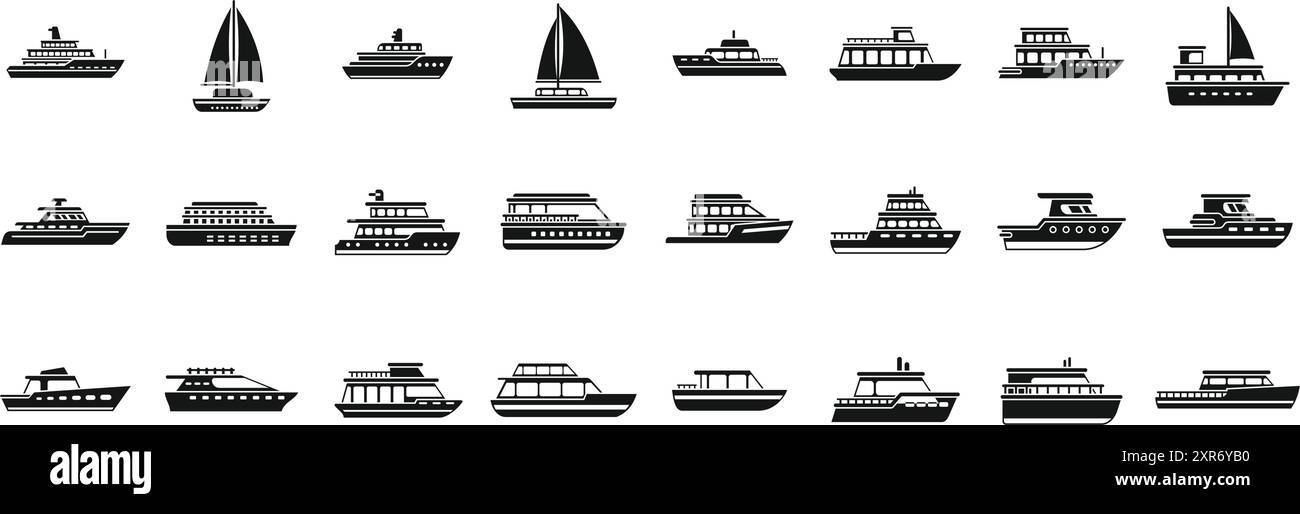 Luxury trip boat icons set. Set of black and white icons showing ...