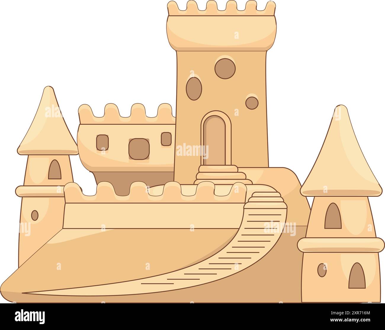 Sandcastle with towers and stairs standing on a beach Stock Vector ...