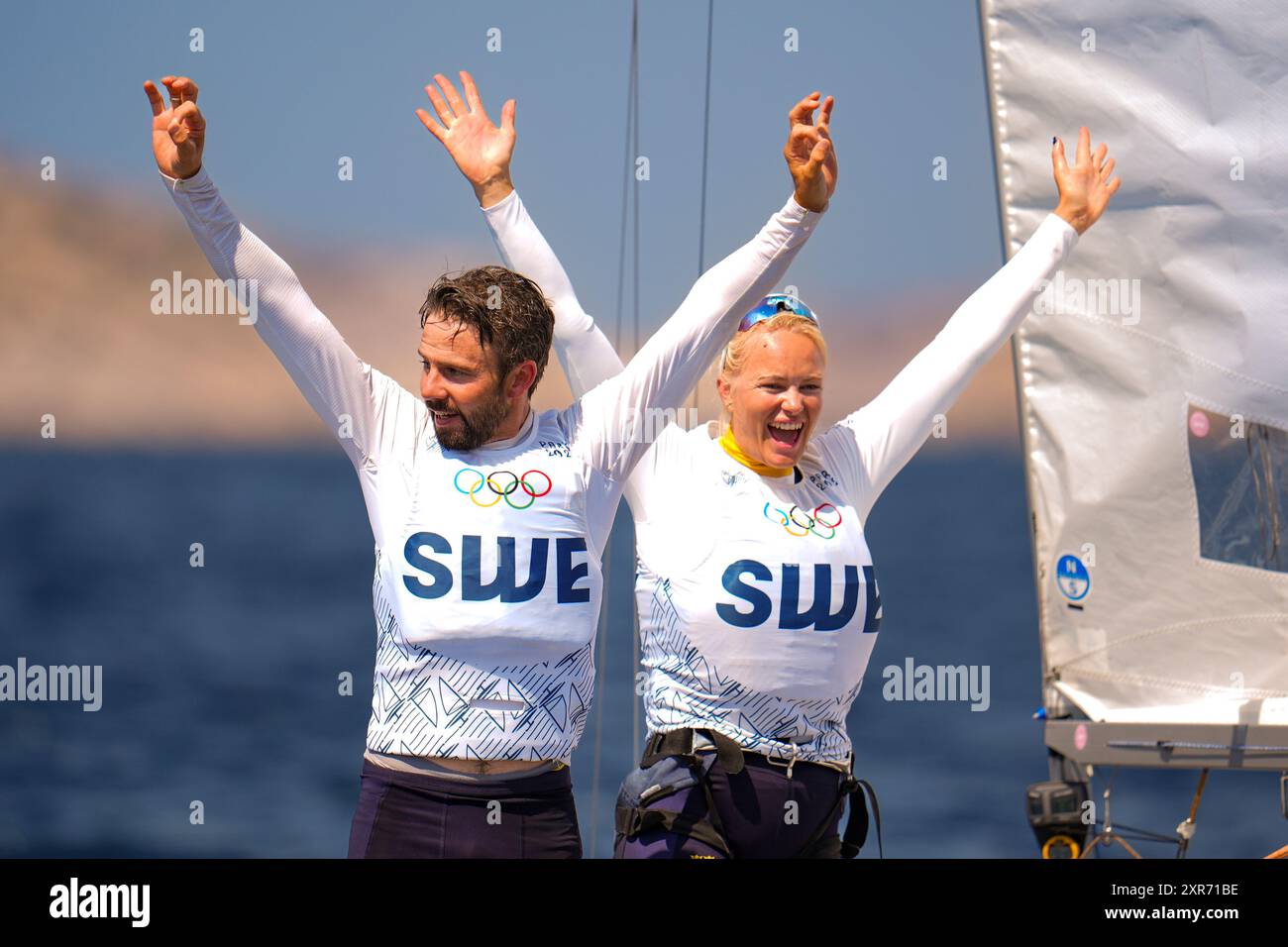 Anton DAHLBERG and Lovisa KARLSSON (Sweden) Bronze medal, Sailing, Mixed Dinghy during the ...