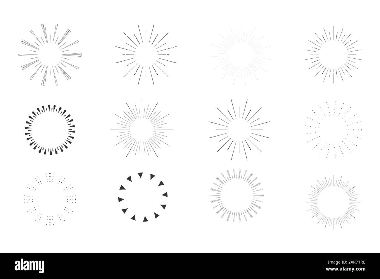 Set Fireworks, rays, sunburst frames circle border decoration, sparkle in doodle style, line ...