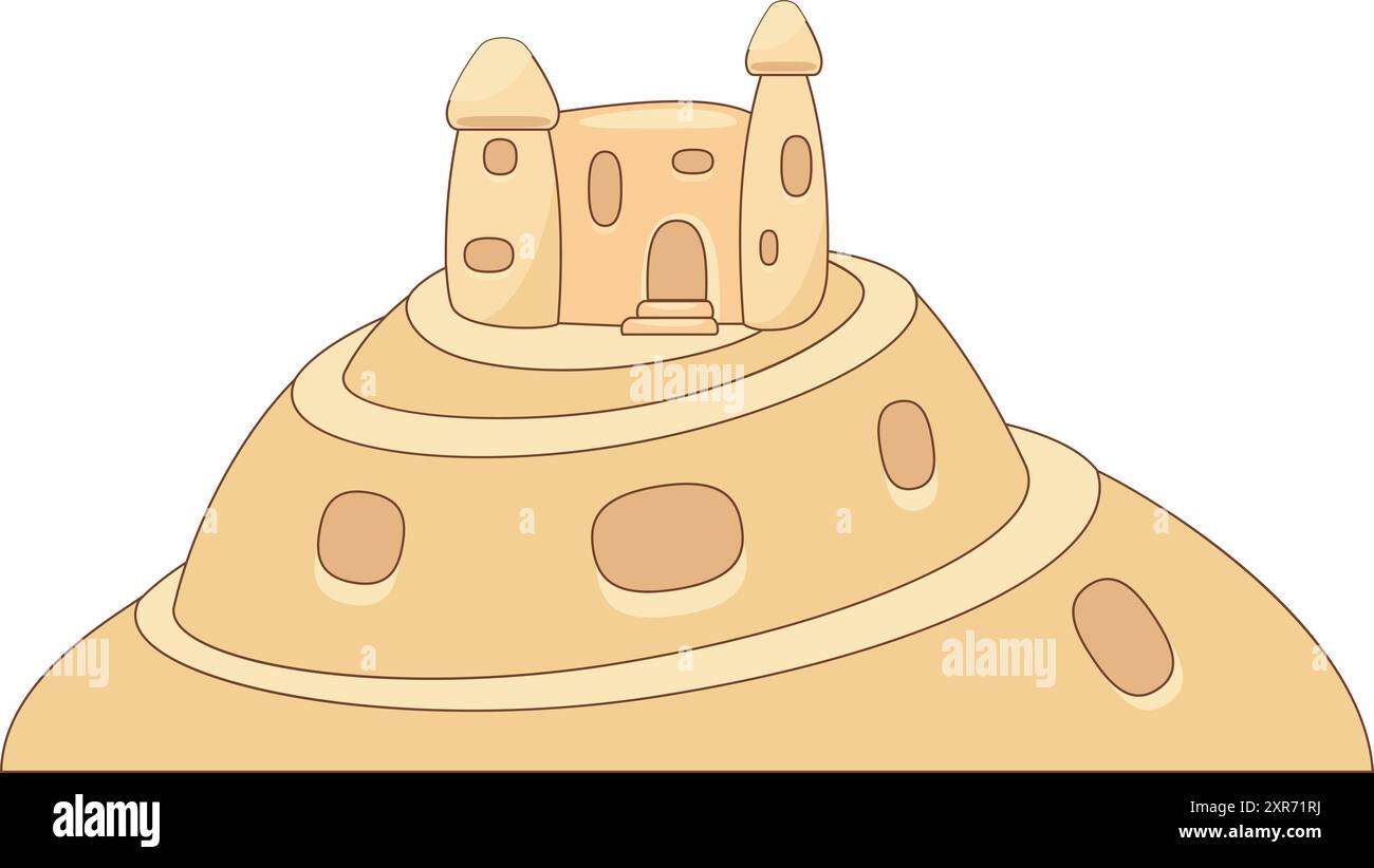 Cartoon illustration of a sand castle standing on a sandy hill Stock ...