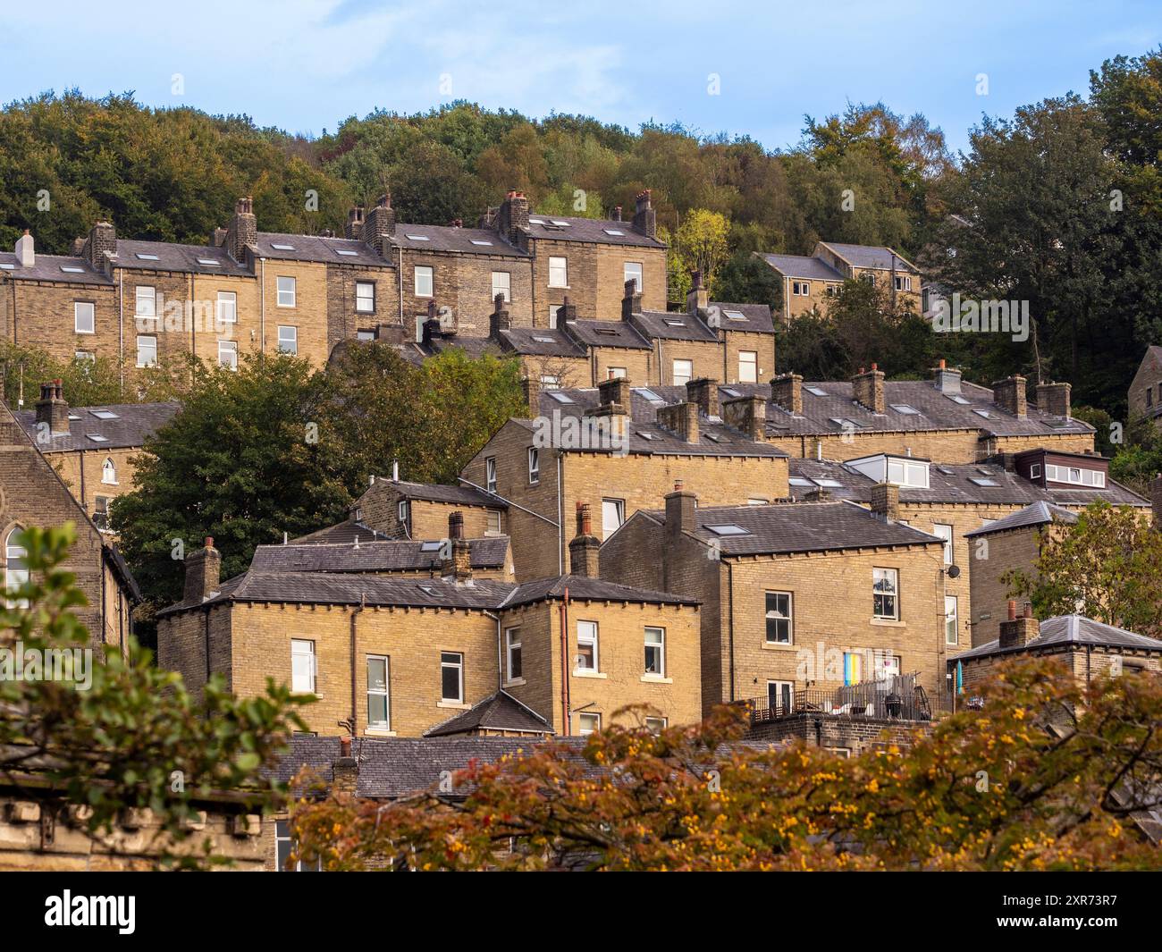 Traditional houses built on the steep hillside of Hebden Bridge in the ...