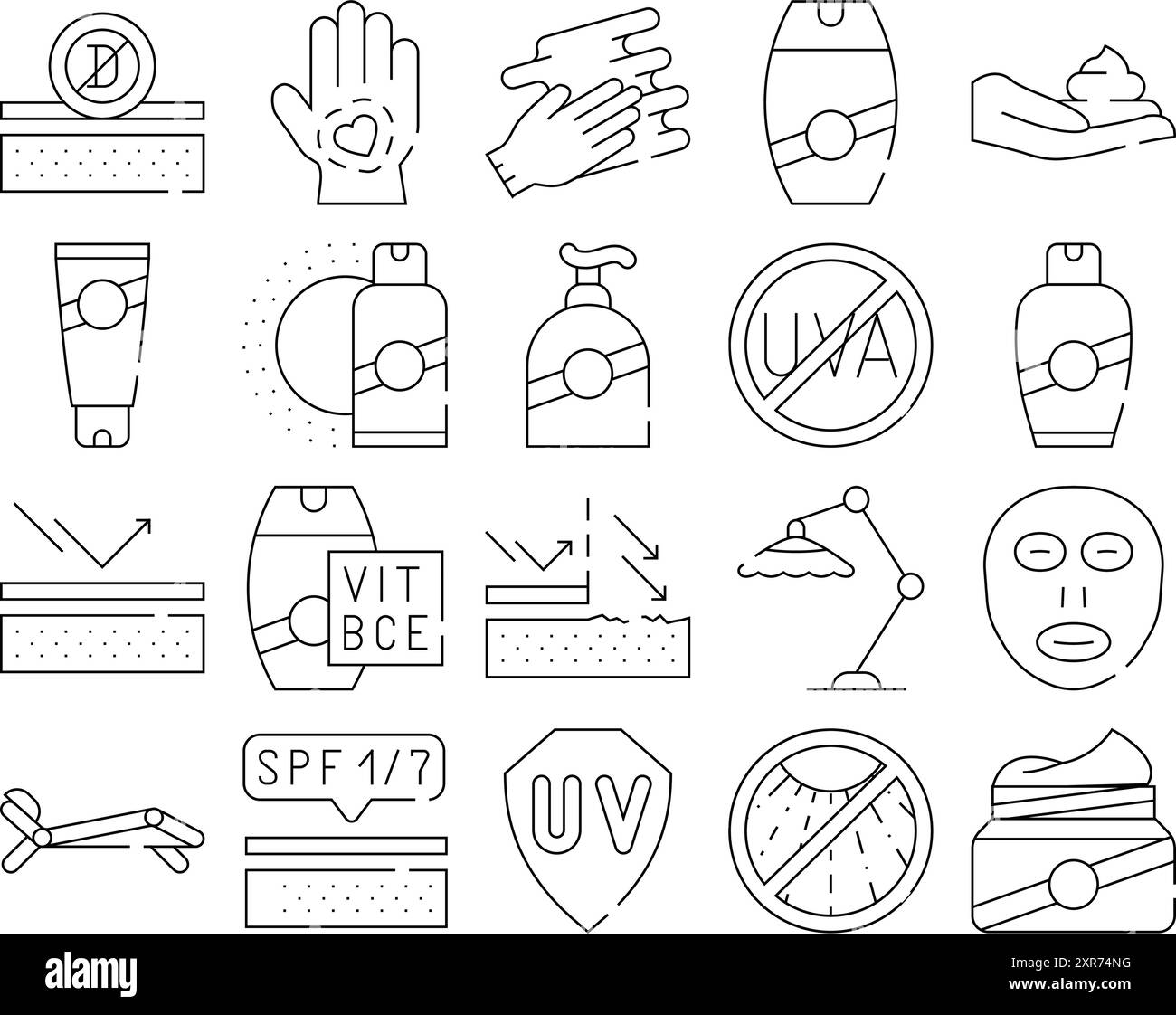 Sunscreen Protection Collection Icons Set isolated illustration Stock ...