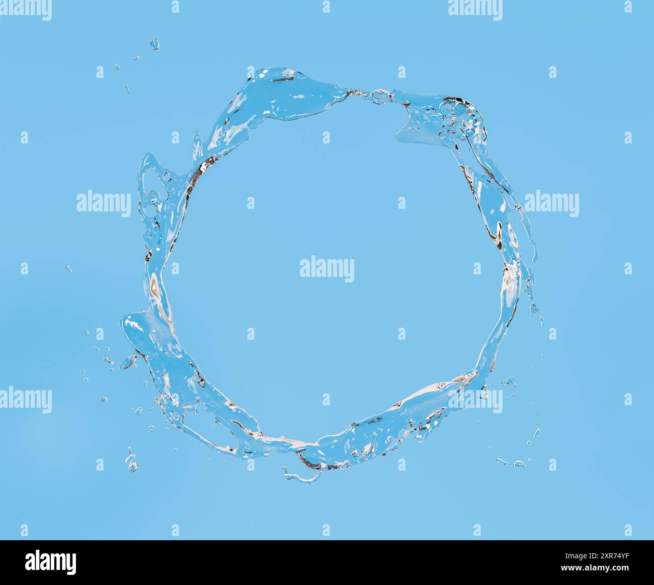 3d rendering of water forming a circular splash midair, with droplets ...