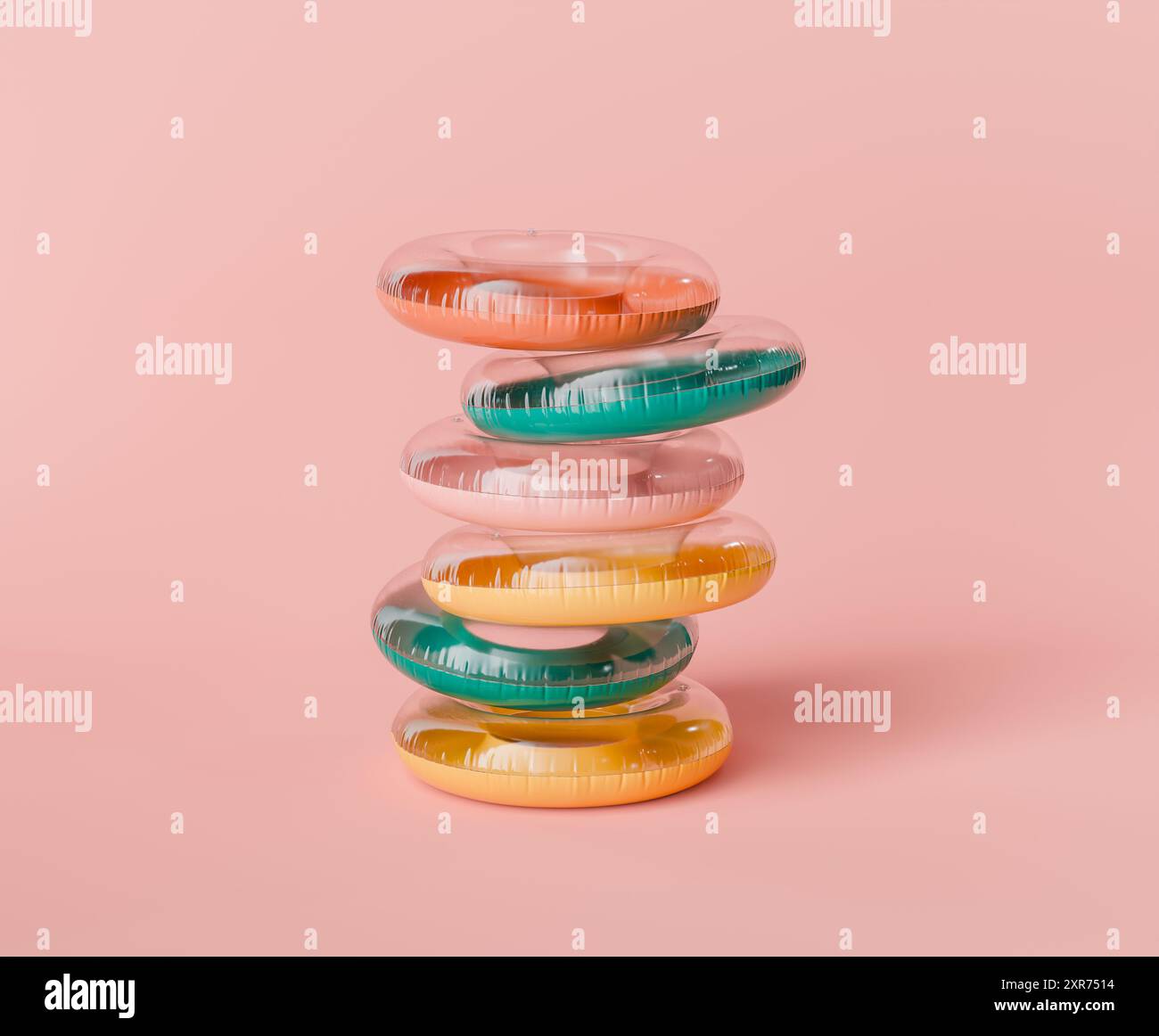 3d rendering of a stack of multicolored inflatable pool rings in orange ...