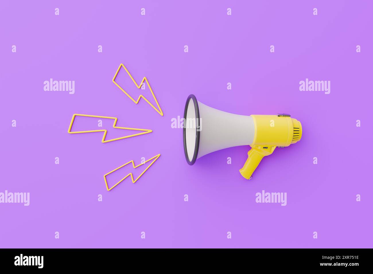 3D rendering of a bright yellow megaphone with stylized lightning ...