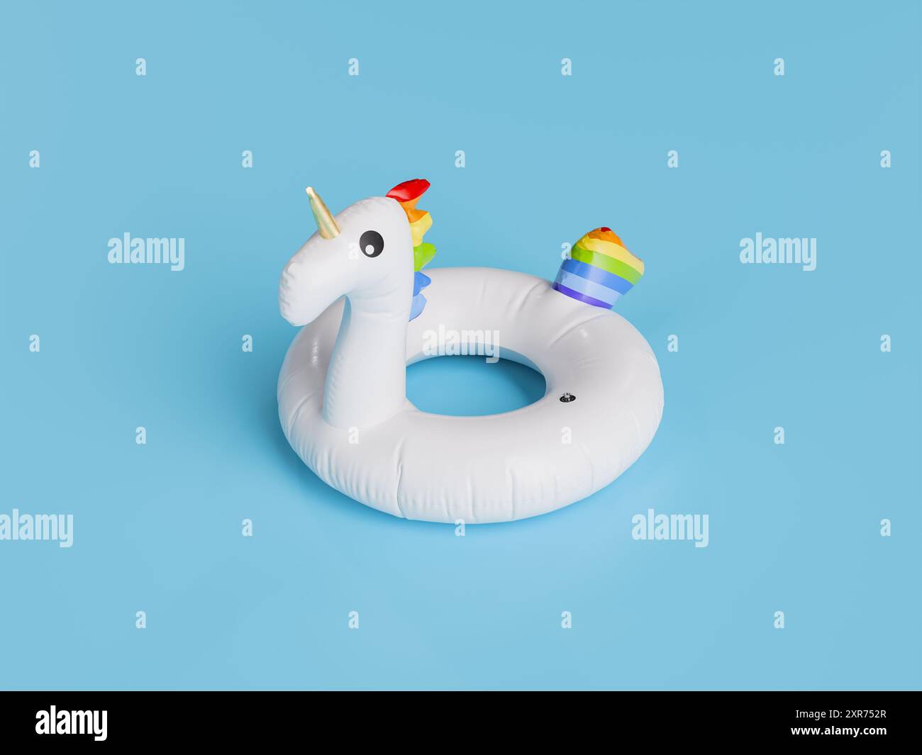 3D rendering of an inflatable unicorn float on a blue studio background ...