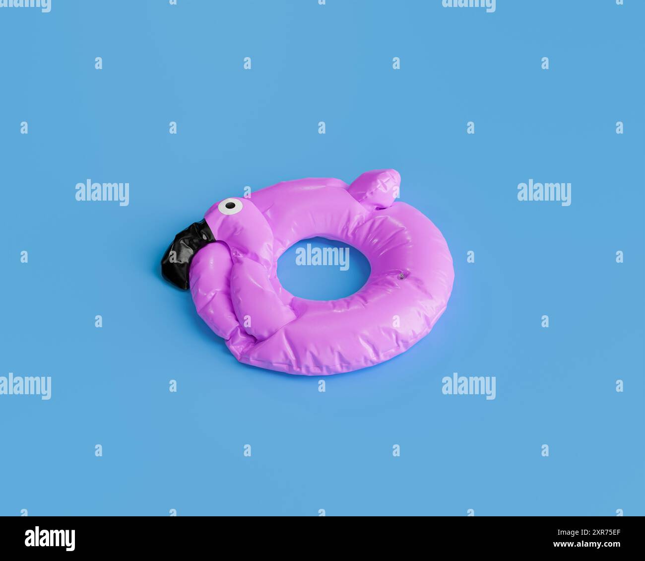 3D rendering of a deflated pink flamingo pool float isolated against a ...