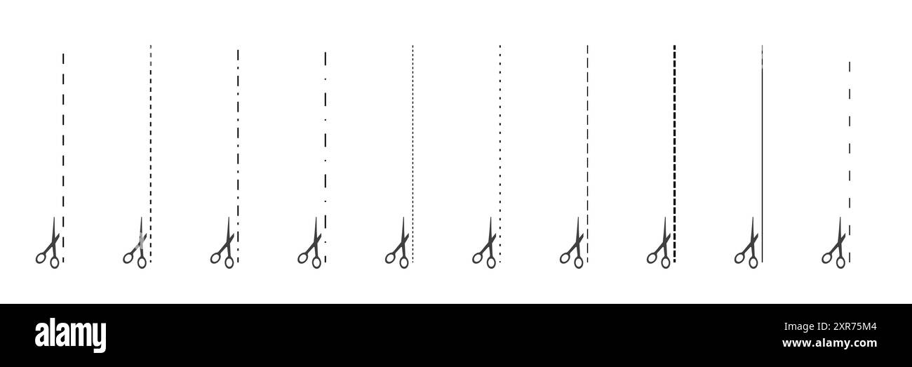 Cut here. Black scissors cutting. Set of cut dash lines isolated on ...
