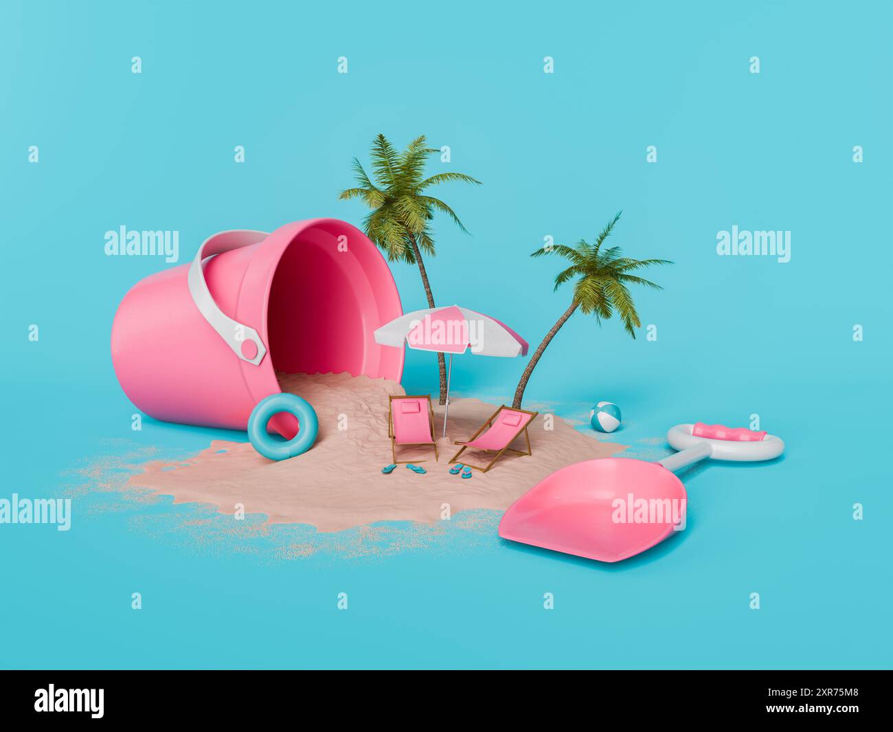 3d rendering of a surrealistic beach scene with a giant pink bucket ...