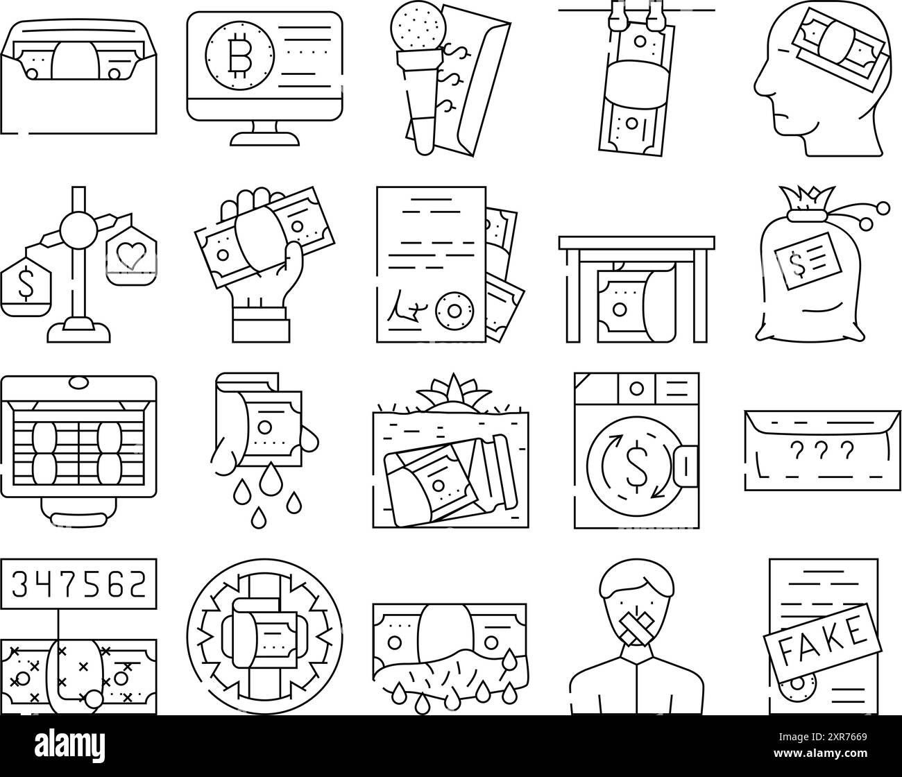 Corruption problem collection icons set vector money bag and envelope ...