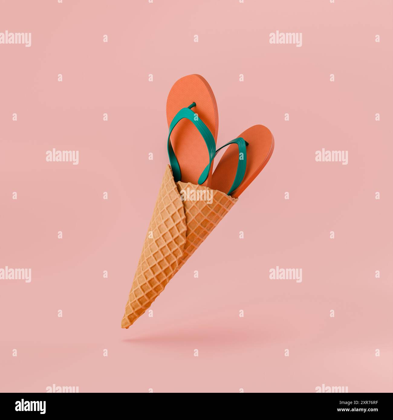 3D rendering of orange flip-flops with green straps nestled in a waffle ...