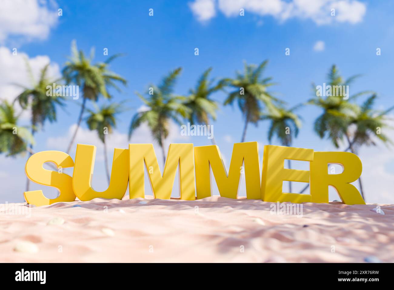 3D rendering of bold yellow letters spelling 'SUMMER' placed on sandy ...