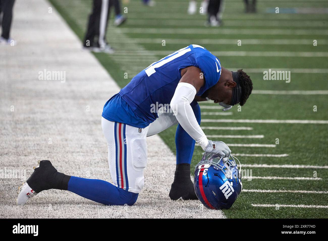 New York Giants safety Tyler Nubin (31) takes a moment to himself prior ...