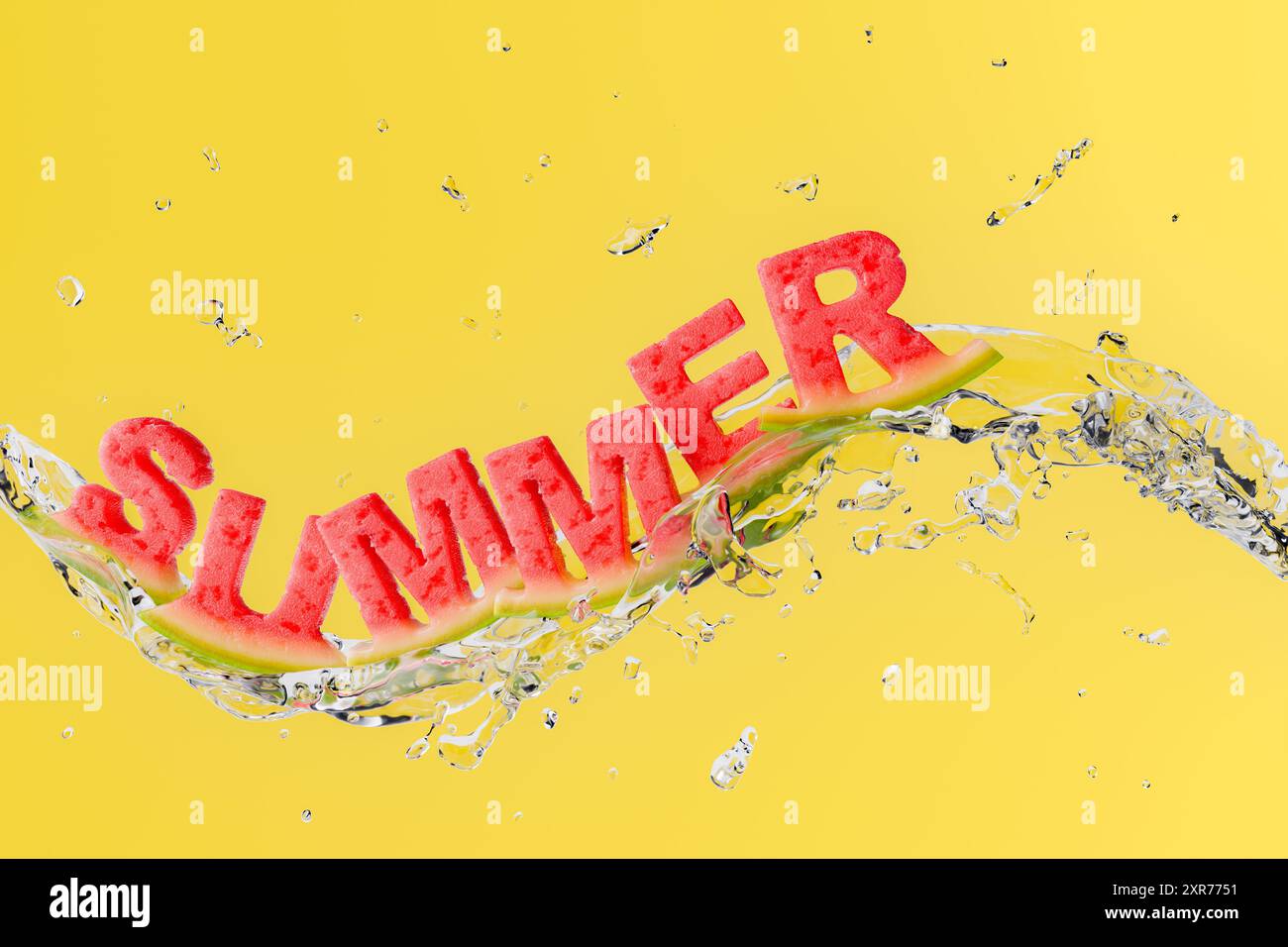 3d rendering of the word 'SUMMER' cut out from watermelon with water ...