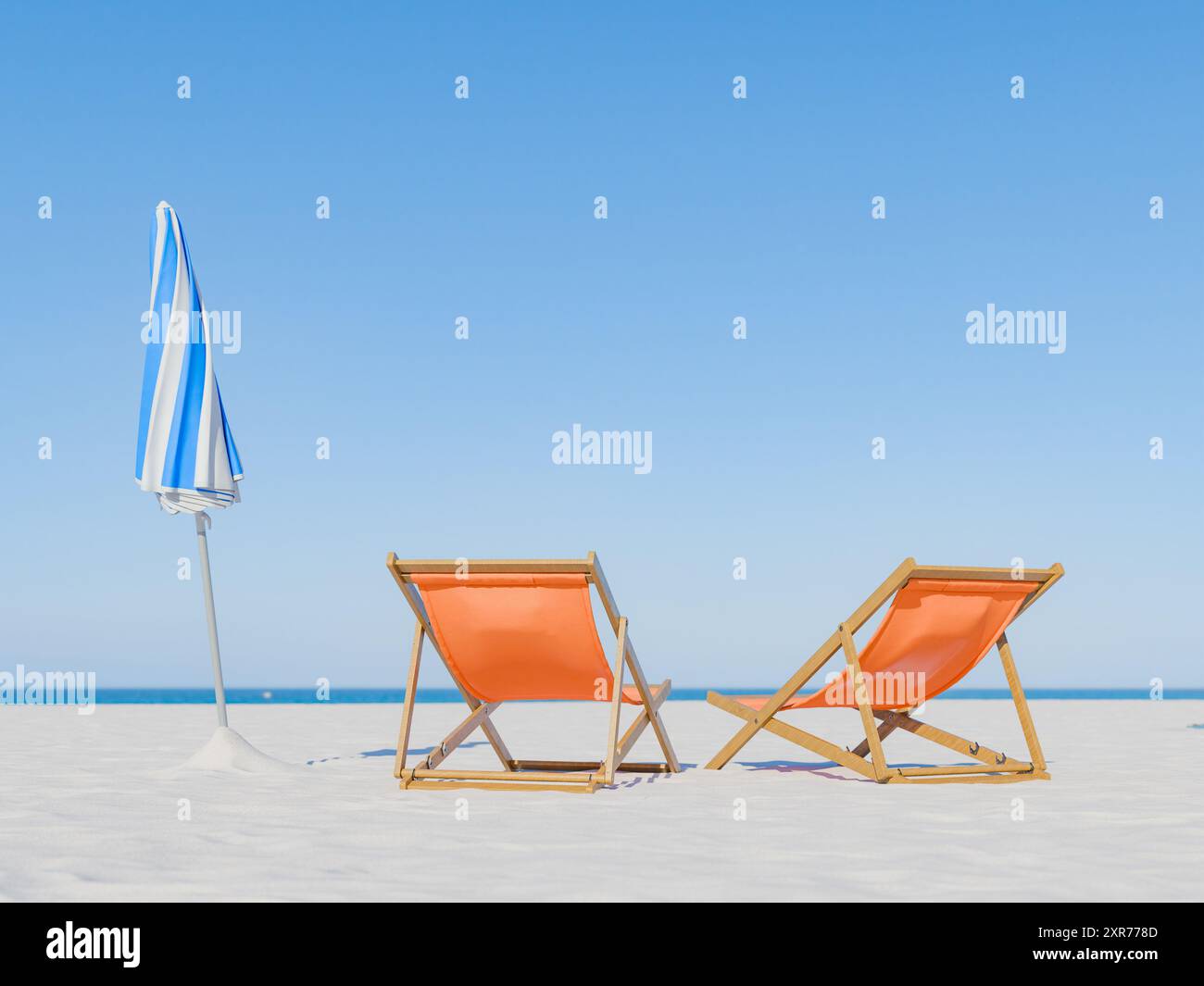 3d rendering of a tranquil beach with two orange beach chairs and a ...