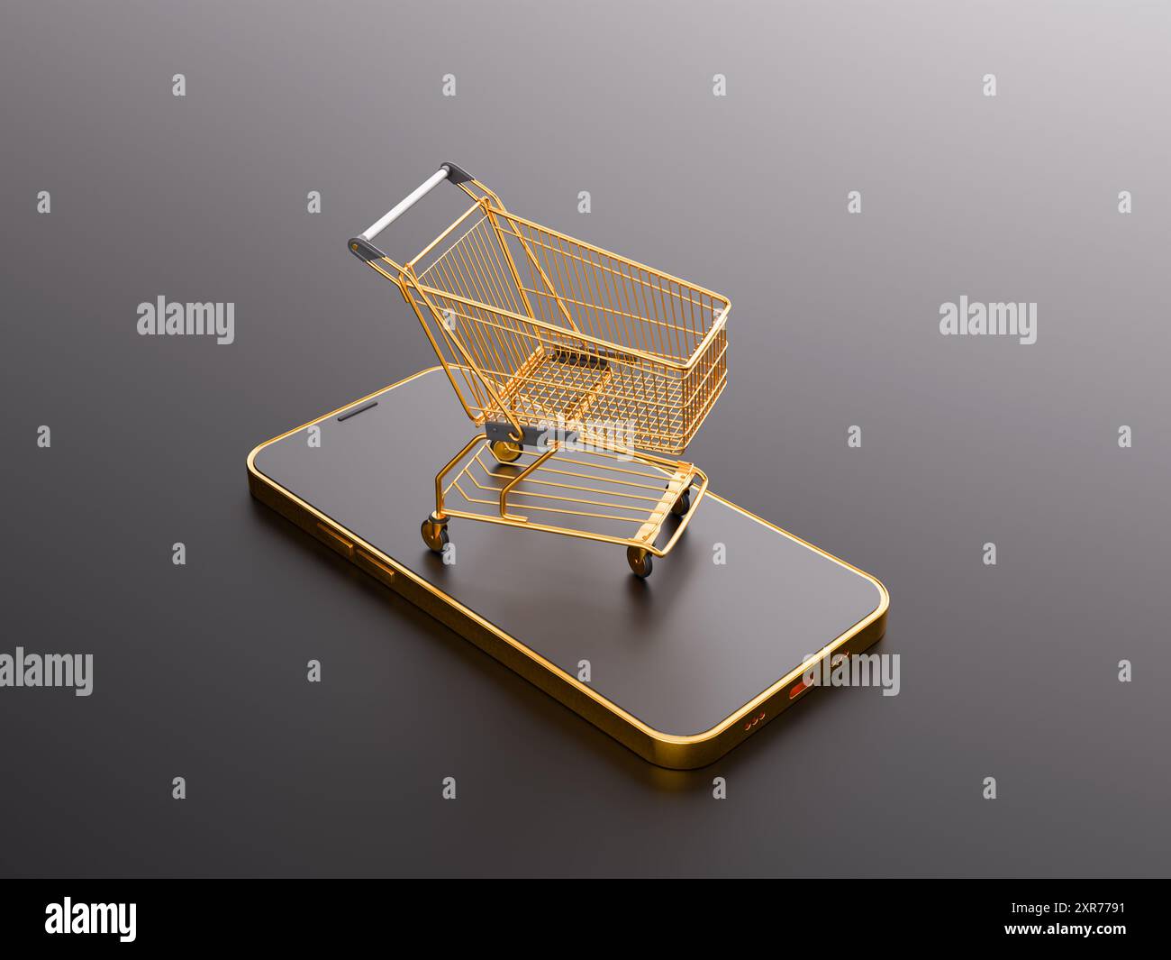 3d rendering of a golden shopping cart positioned on top of a luxury ...