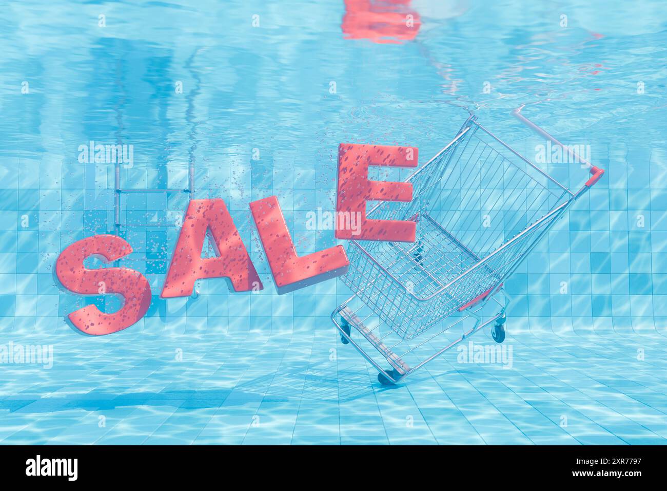 3d rendering of a metallic shopping cart and red "SALE" text submerged ...
