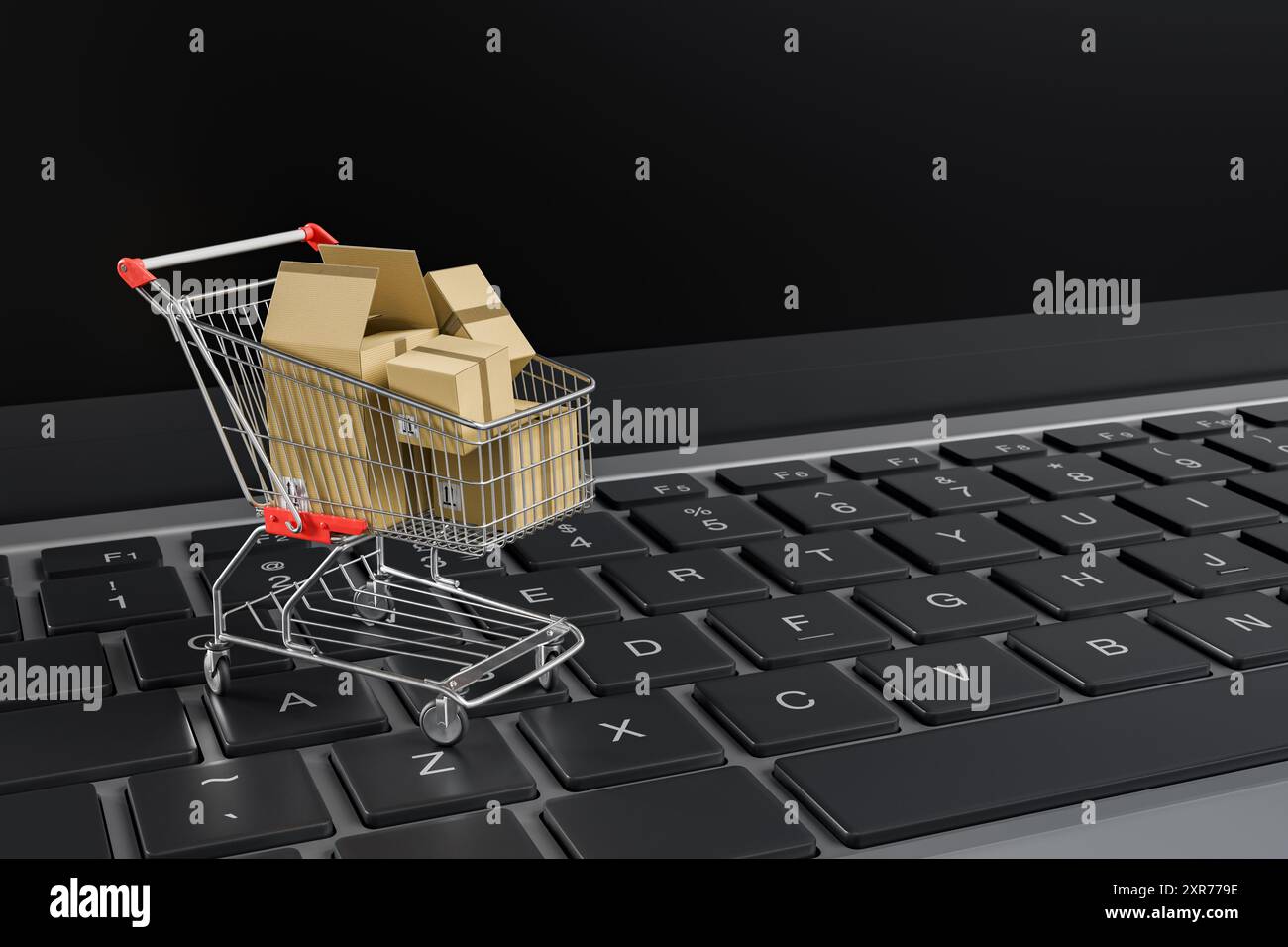 3d rendering of a shopping cart filled with cardboard boxes on a black ...