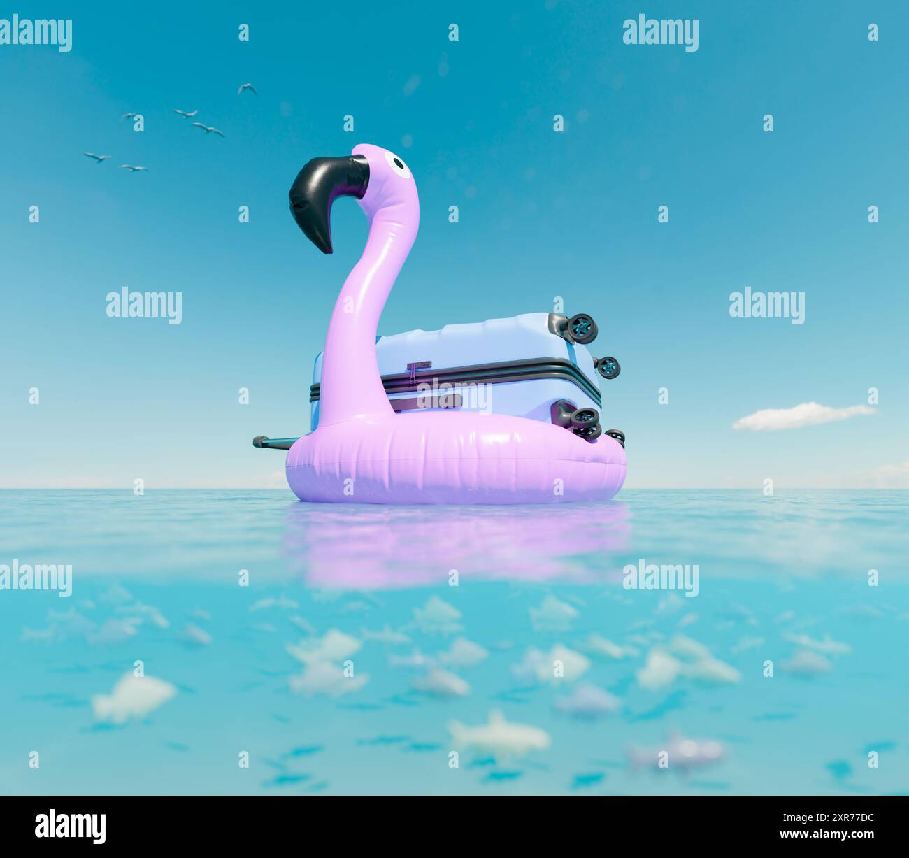3d rendering of an inflatable flamingo float carrying a blue suitcase ...