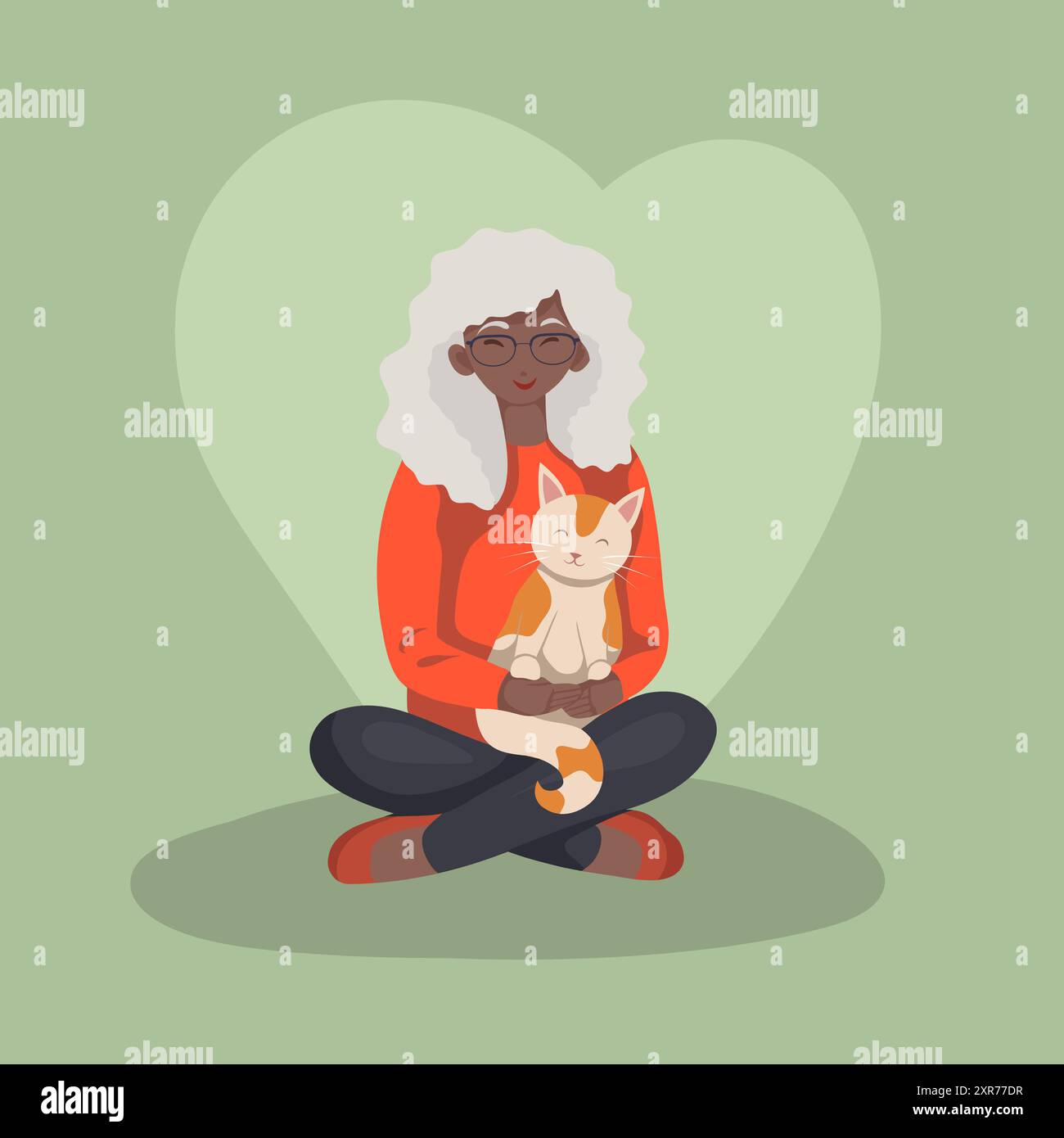 Vector flat illustration of old african volunteer woman with a cat ...