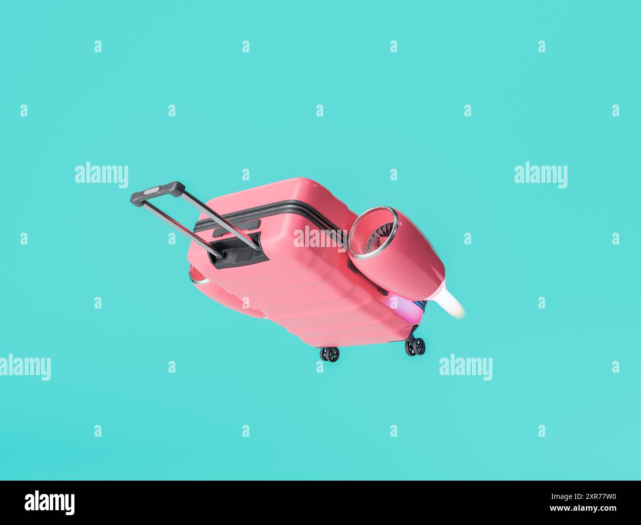 3D rendering of a pink suitcase with a jet engine against a turquoise ...