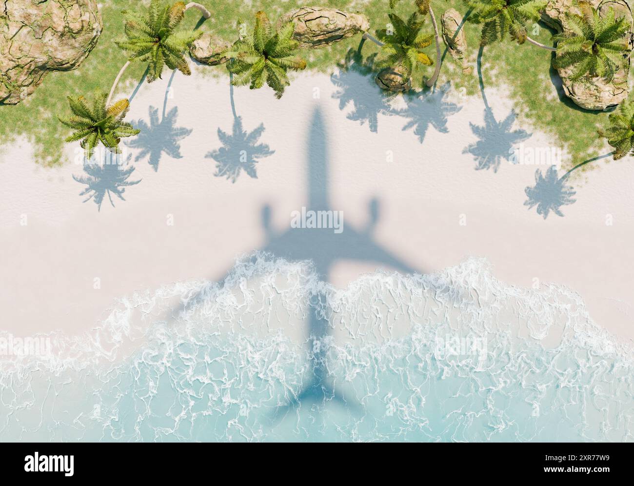 3D rendering of an airplane shadow cast over a white sandy beach lined ...