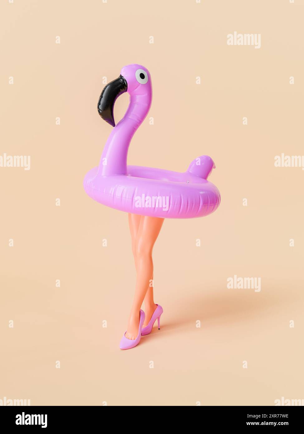 3D rendering of pink flamingo inflatable float with human legs wearing ...