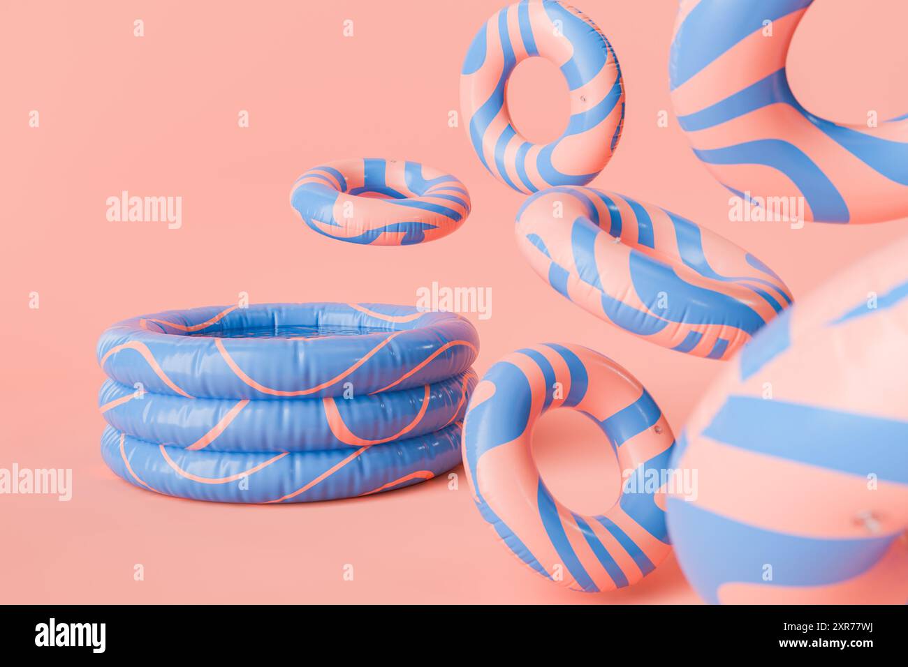 3D rendering of an inflatable pool with blue and red striped inflatable ...