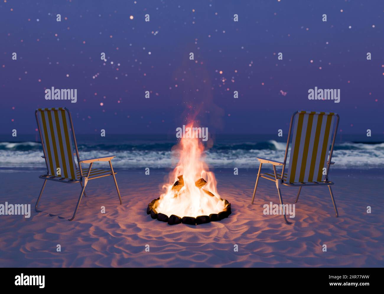 3D rendering of a cozy beach scene at night with a warm campfire ...