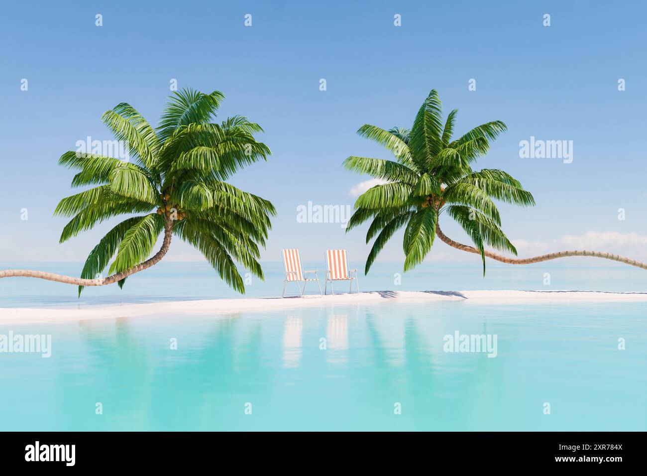3D rendering of a calm and picturesque scene featuring two palm trees ...