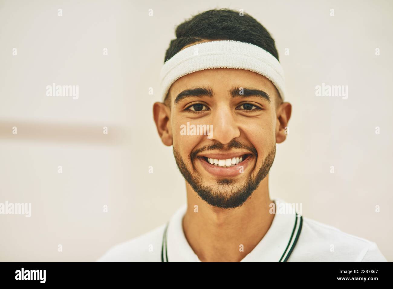 Fitness, portrait and smile with squash player man on wall background ...