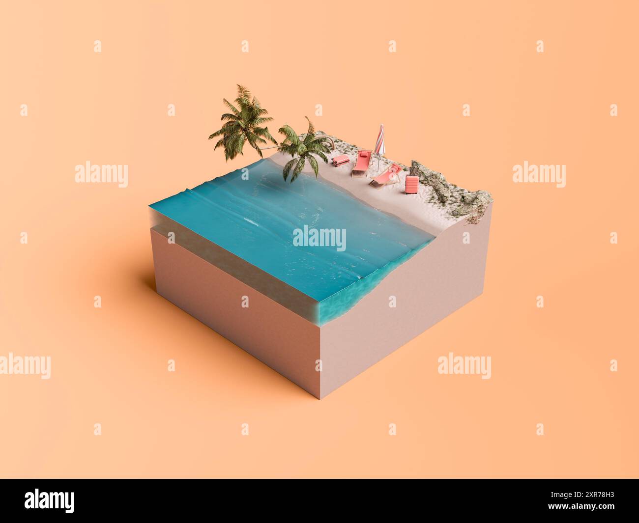 3d rendering of a miniature beach set within a cubic frame, featuring ...